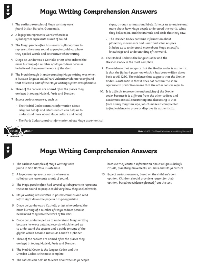 Comprehension Answer Sheets | PDF | Maya Civilization | Maya Peoples