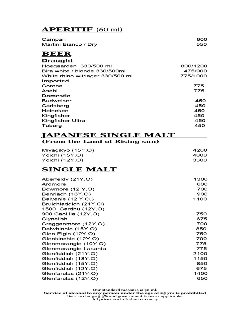 Crowne Plaza Gurgaon Beverage Menu | PDF | Scotch Whisky | Distilled Drinks
