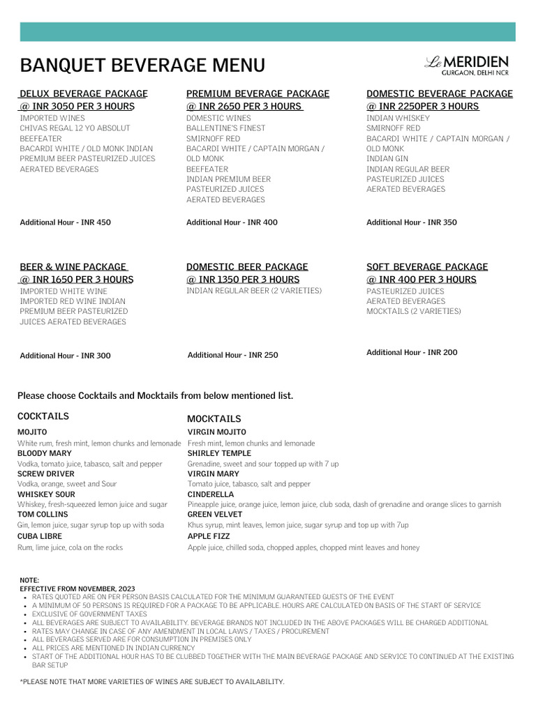 Banquet Beverage Menu-Le Meridien | PDF | Drink | Cocktails