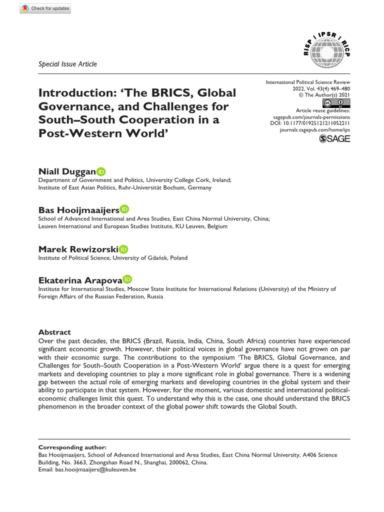Duggan Et Al 2021 Introduction the Brics Global Governance and Challenges for South South ...