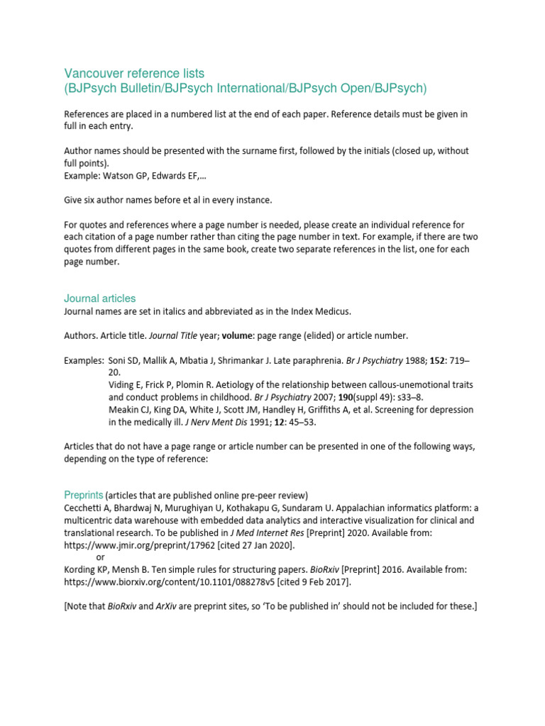 RCPsych Vancouver Reference Styling | PDF | American Psychiatric ...