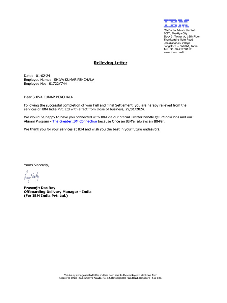 Ibm Relieving Letter | PDF | Business | Computer Hardware