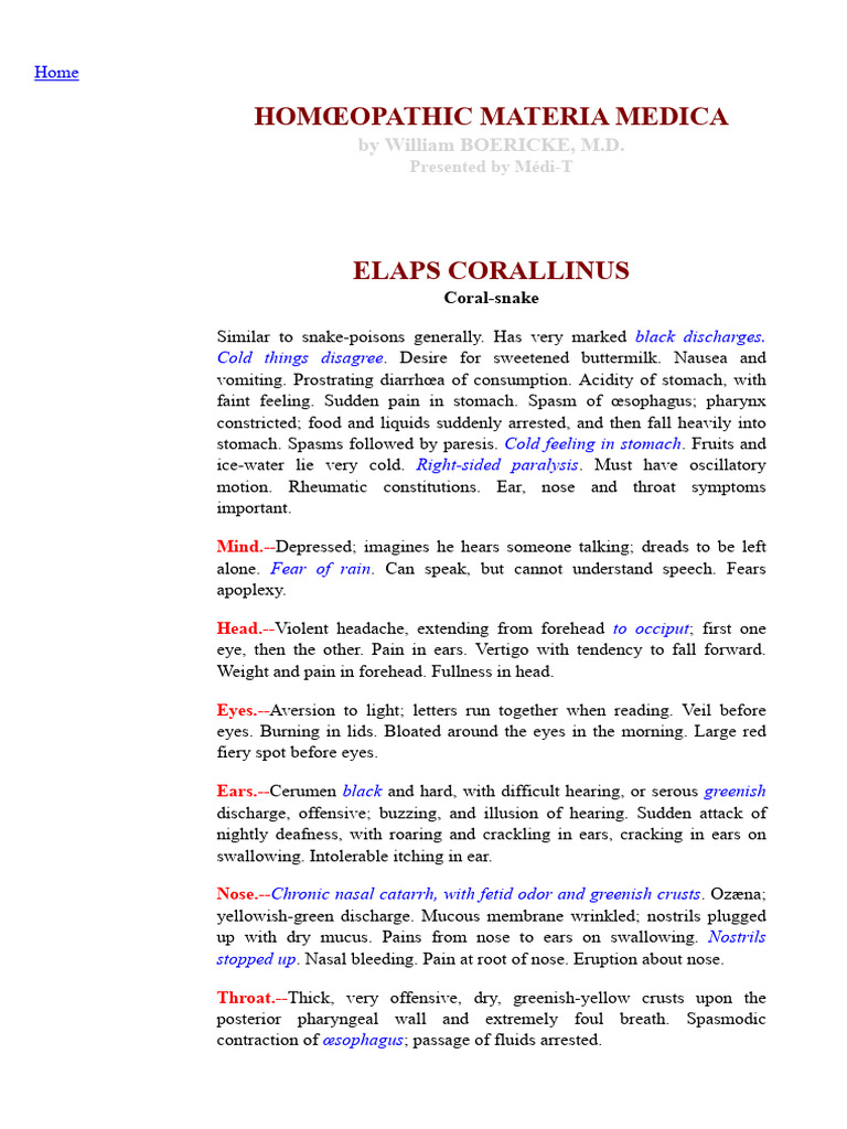 Elaps Corallinus - Homoeopathic Materia Medica | PDF | Mucus | Esophagus