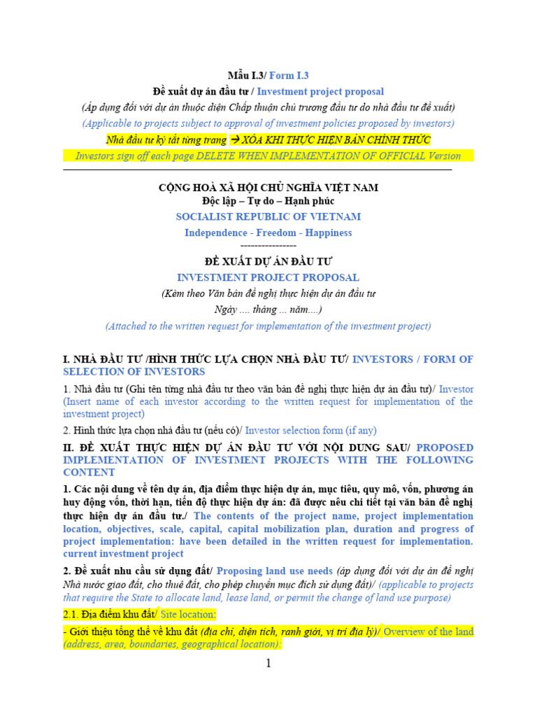 Project Proposal To Get Investment Policy Approval (Form I.3) | PDF