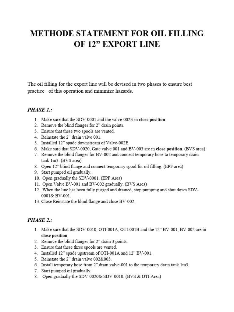 Methode Statement For Oil Filling of Export Line | PDF | Valve ...