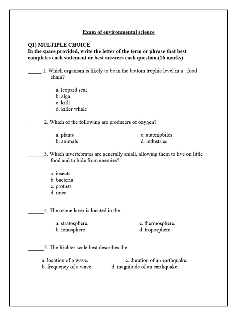 exam of environmental science | PDF | Atmosphere Of Earth | Atmosphere