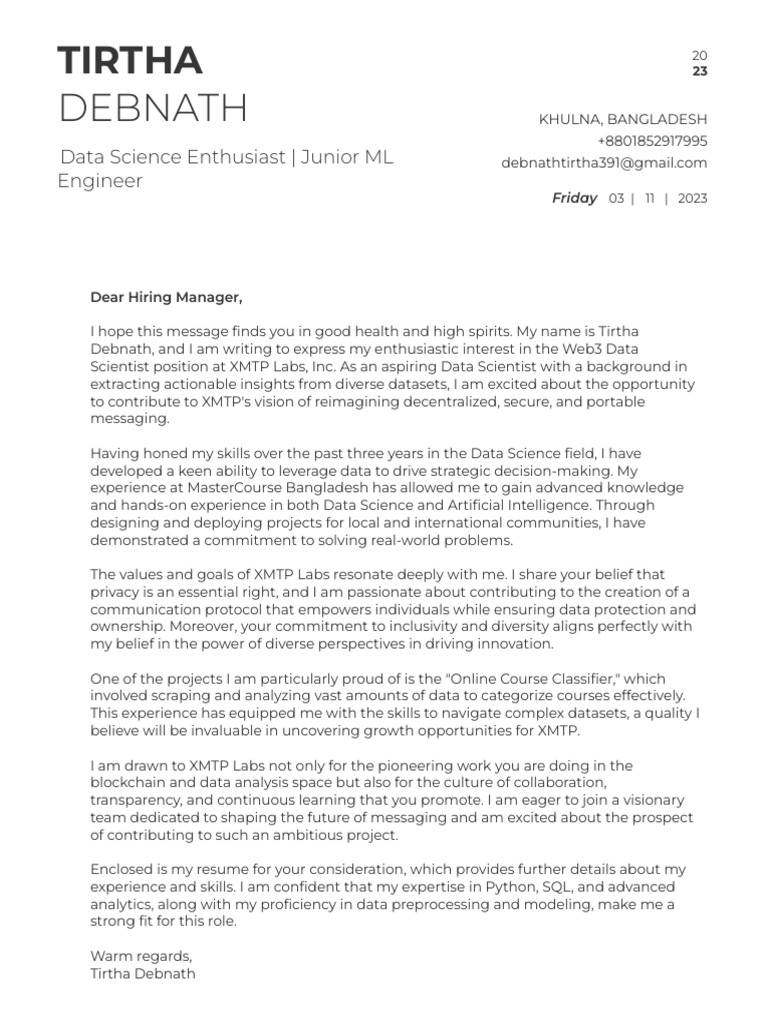 Tirtha's DS Cover Letter | PDF | Data Science | Data