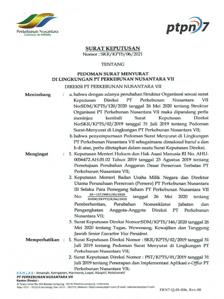SKR-KPTS-06-2021 Pedoman Surat Menyurat PTPN VII (Final) Compressed | PDF