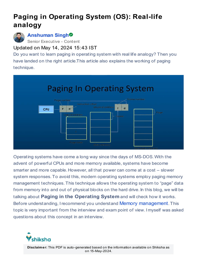 Paging in Operating System (OS) : Real-Life Analogy: Anshuman Singh | PDF | Computer Data ...