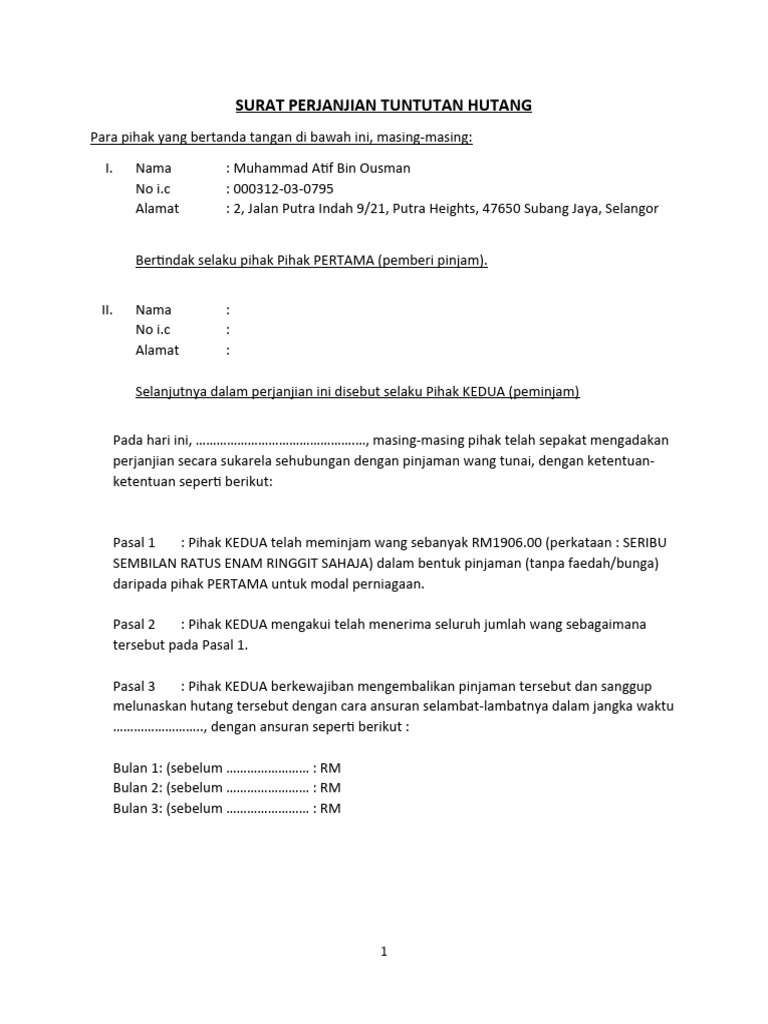 Surat Perjanjian Tuntutan Hutang | PDF