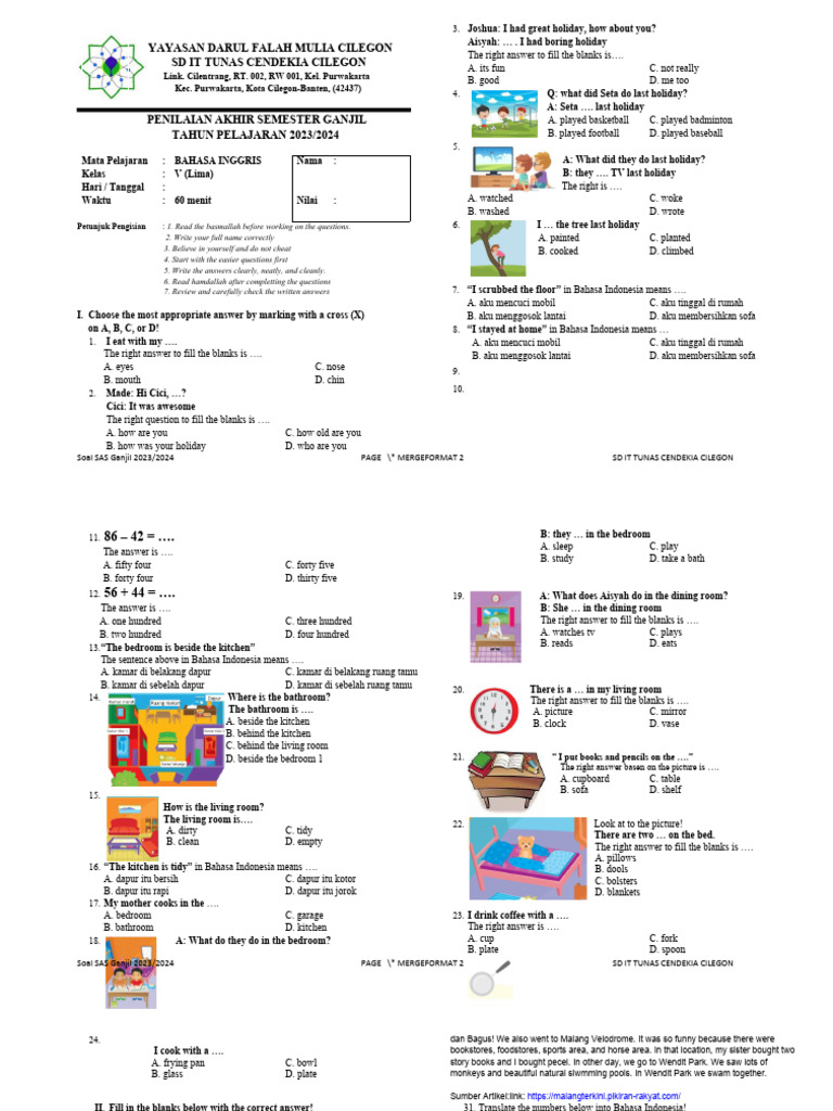 SOAL PAS Bahasa Inggris Kelas 5 2023-2024 | PDF | Interior Design | Home