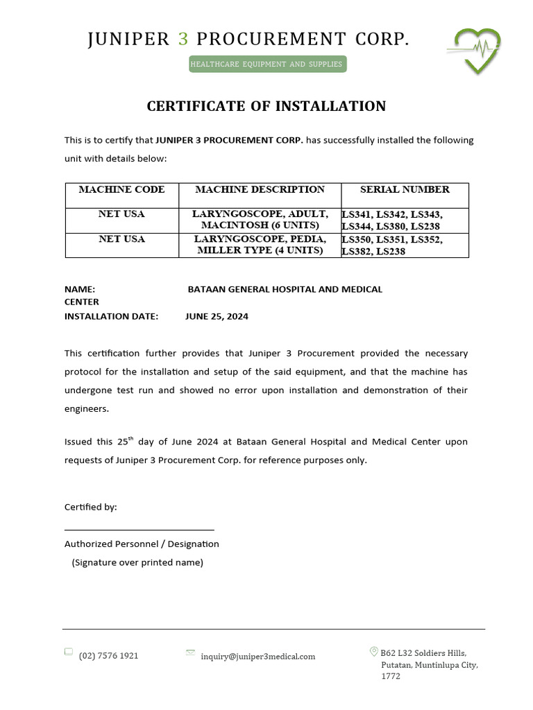 Cert of Installation For Laryngoscope | PDF