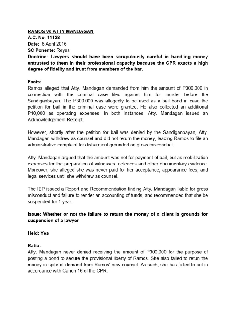 2016 Canon 16 RAMOS Vs ATTY MANDAGAN | PDF | Bail | Lawyer