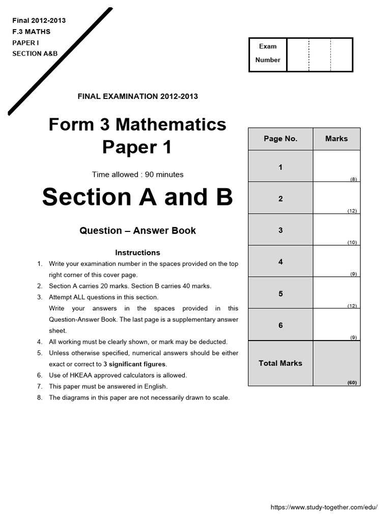 LaSalleCollege F3 Maths Final Exam Paper 1 Section AB 2012 13 | PDF | Mathematics | Geometry