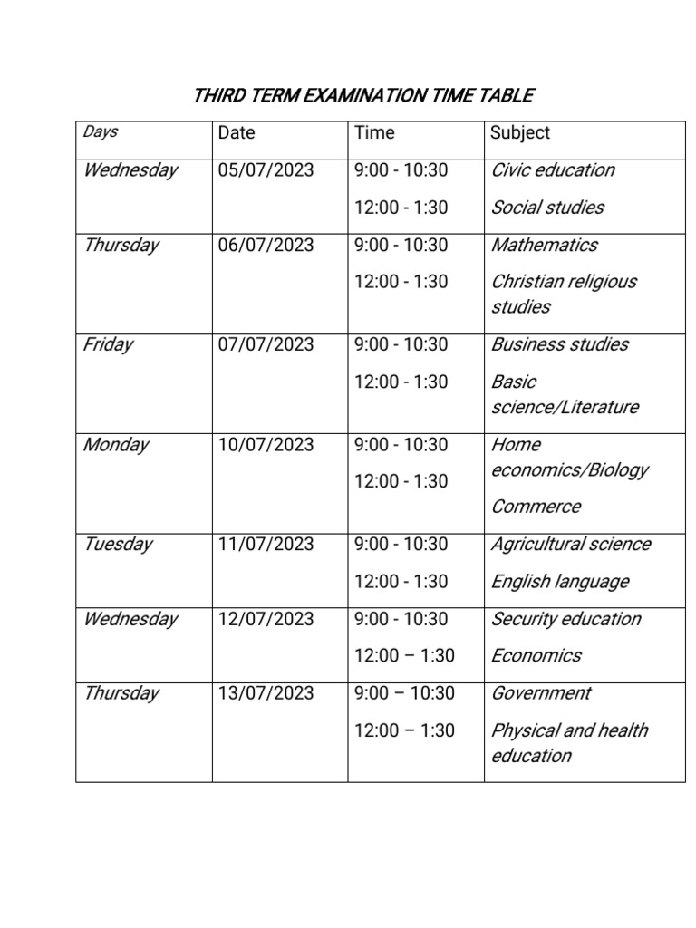 THIRD TERM EXAMINATION TIME TABLE | PDF