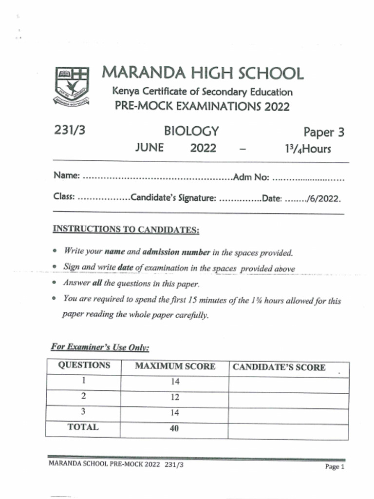 Biology Paper 3 Maranda Form 4 End Term 1 | PDF Biology Paper 3 Maranda Form 4 End Term 1 | PDF