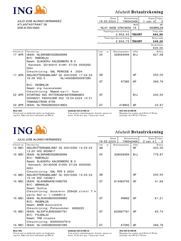 ING Afschrift Betaalrekening NL47 INGB 5794 8456 195 | PDF