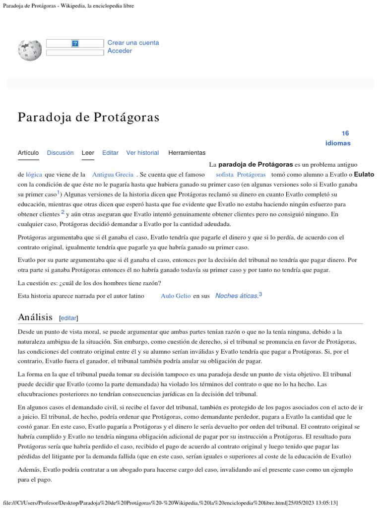 Paradoja de Protágoras - Wikipedia, La Enciclopedia Libre | PDF