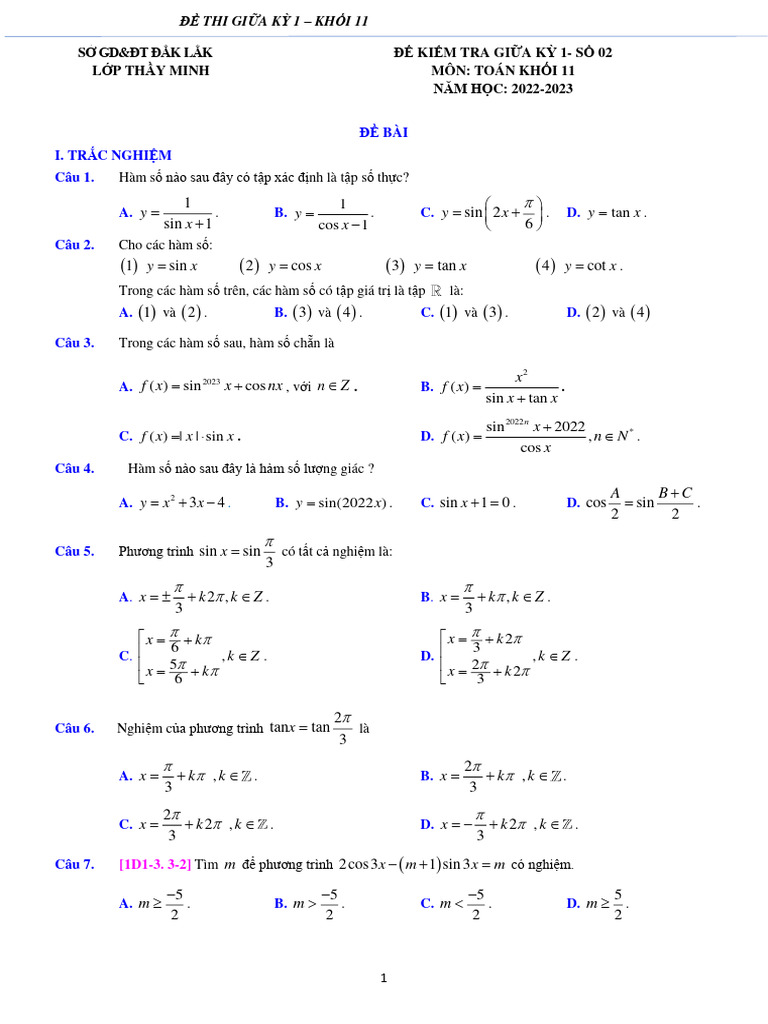 Đề Bai Kt Gk 1 Lớp 11 So 02docx Pdf
