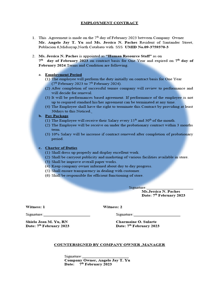 EMPLOYMENT CONTRACT | PDF | Employment | Salary