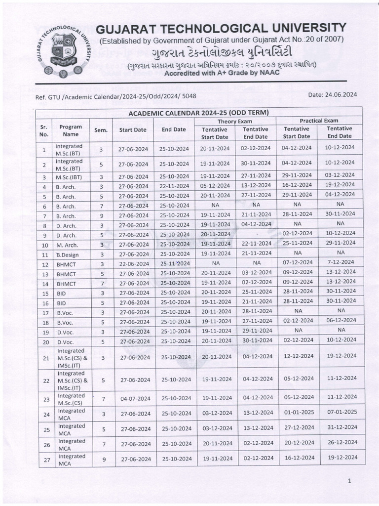 GTU Academic Calendar Odd Term A.Y. 2024-25 - 815651 | PDF | Vocational ...