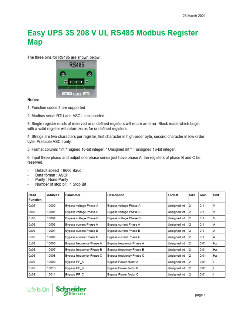 Easy UPS 3S 208 V UL RS485 Modbus Register Map - EN | PDF | Integer (Computer Science) | Computing