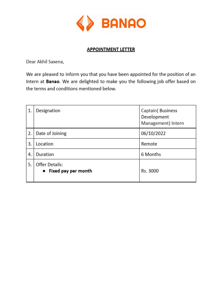 Banao BD Offer Letter - Akhil Saxena | PDF | Trade Secret | Confidentiality