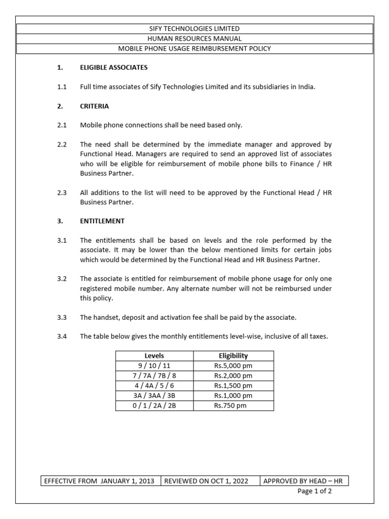 Sify Technologies Mobile Reimbursement Policy | PDF | Mobile Phones ...