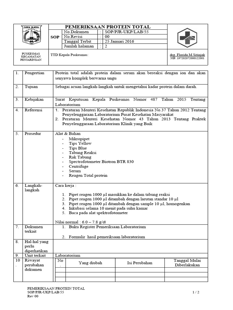 Lab-55. Sop Pemeriksaan Protein Total | PDF