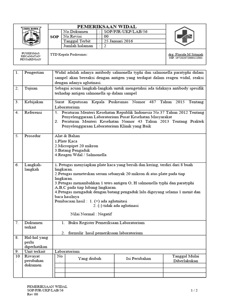 Lab-56. Sop Pemeriksaan Widal | PDF