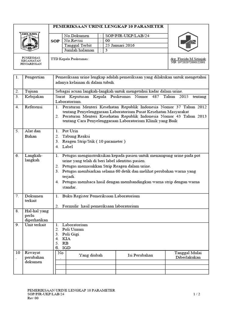 SOP Pemeriksaan Urine Lengkap 10 Parameter | PDF