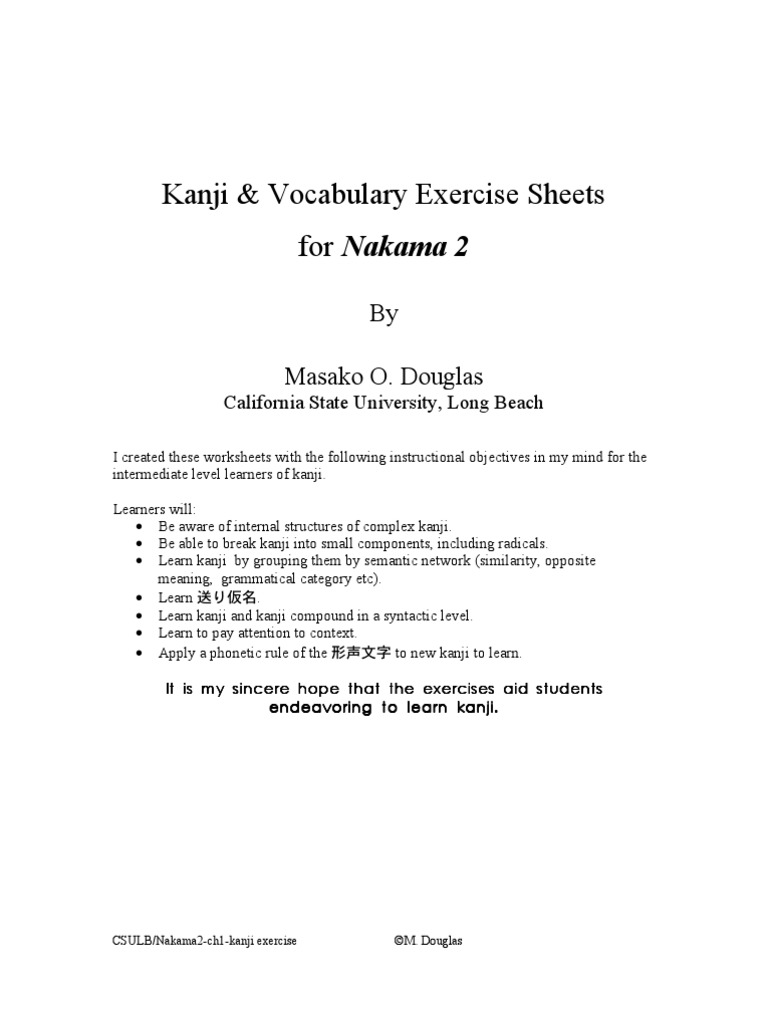 Kanji & Vocabulary Exercise Sheets For Nakama 2: by Masako O. Douglas ...