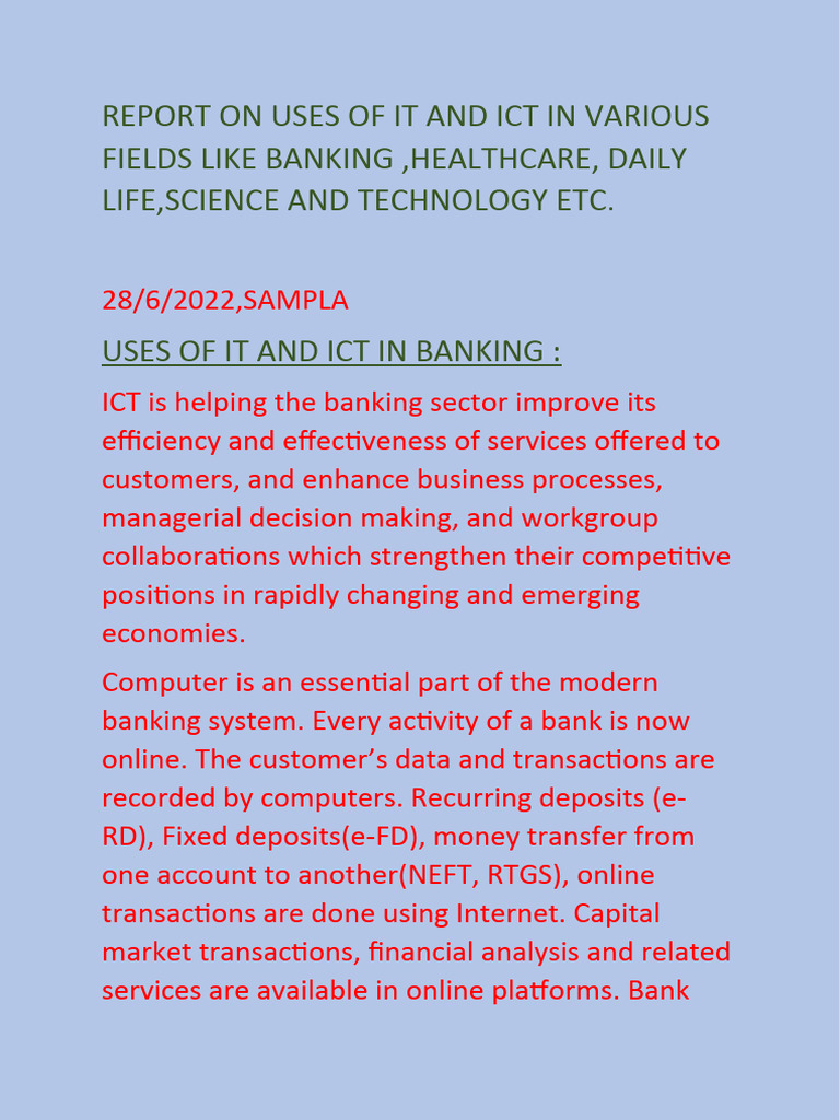 Report On Uses of It and Ict in Various Fields Like Banking | PDF ... Report On Uses of It and Ict in Various Fields Like Banking | PDF ...