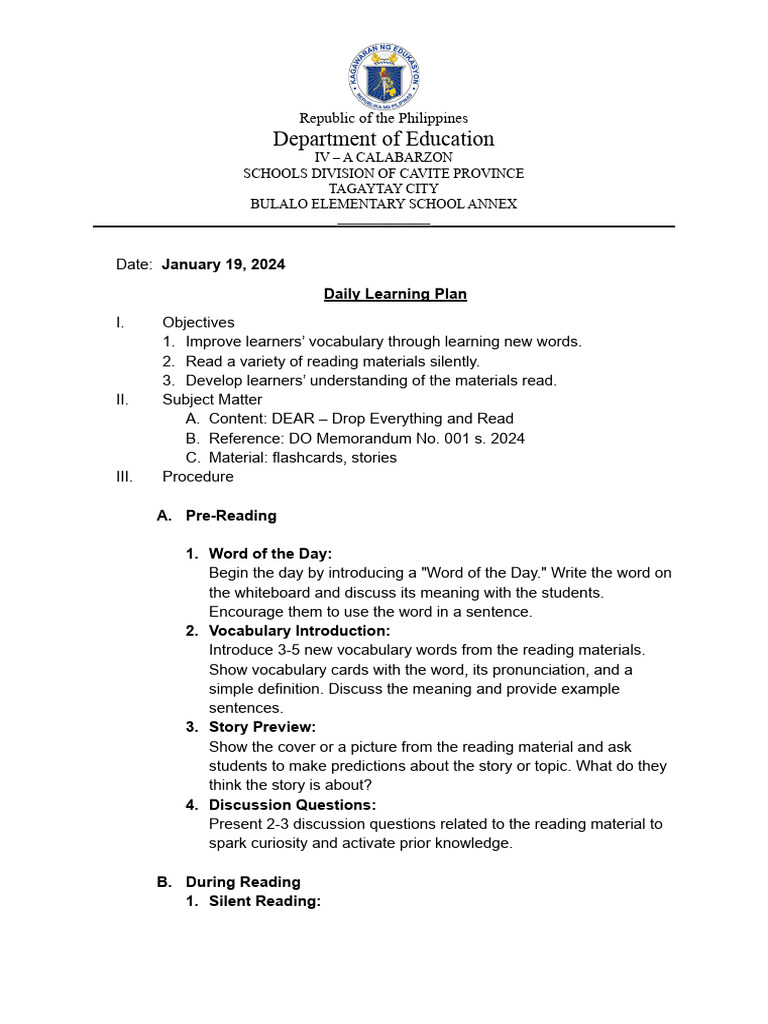 Daily Learning Plan for All Levels | Download Free PDF | Reading ...