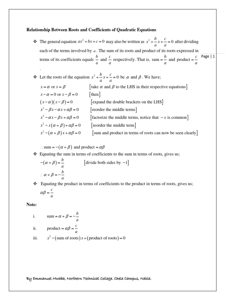 Relationship Between Roots and Coefficient of Quadratic Equation | PDF ...