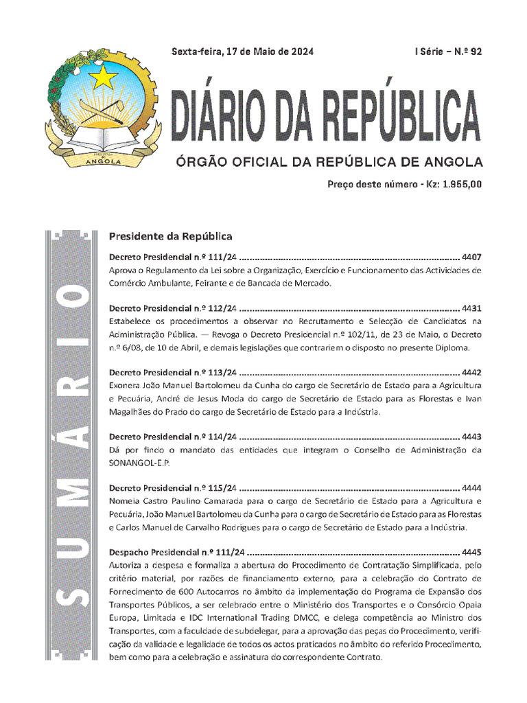 Decreto Presidencial #112-24, de 17 de Maio - Estabelece Os ...