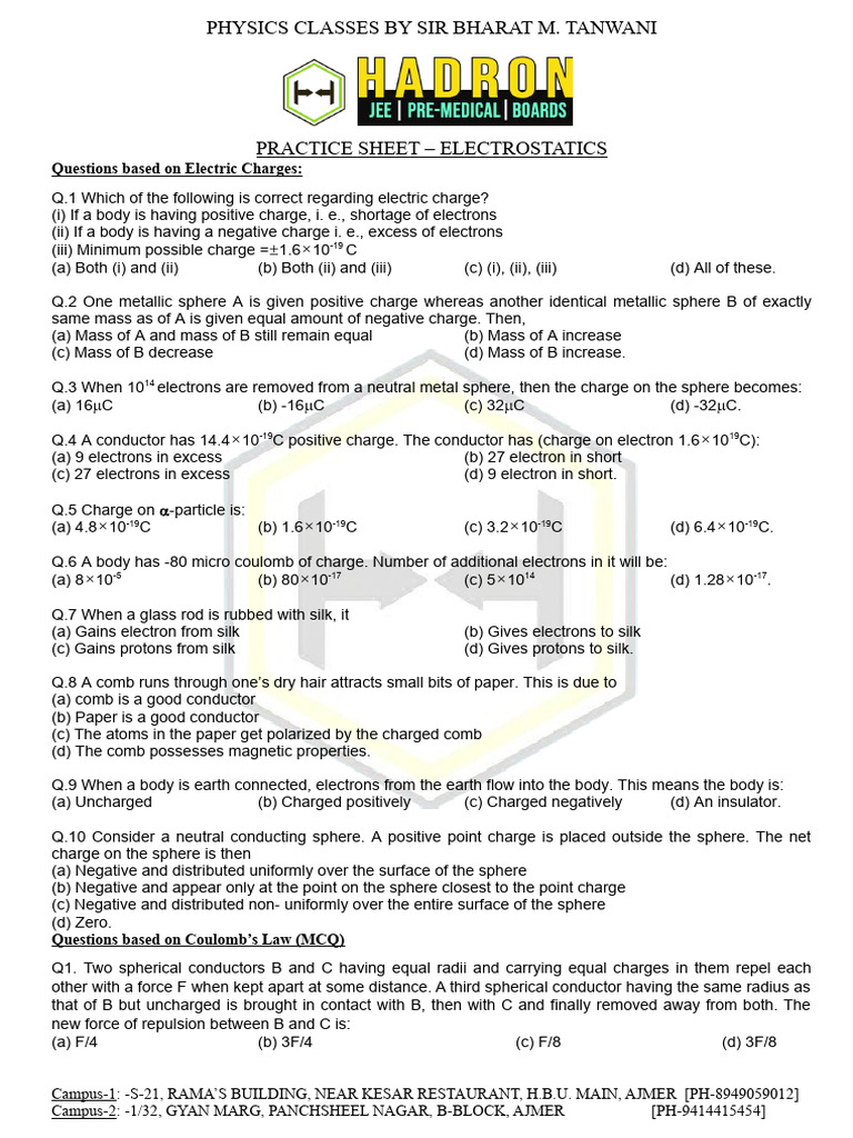 PRACTICE SHEET-ELectric Charges and Electric Field | PDF | Electric ...