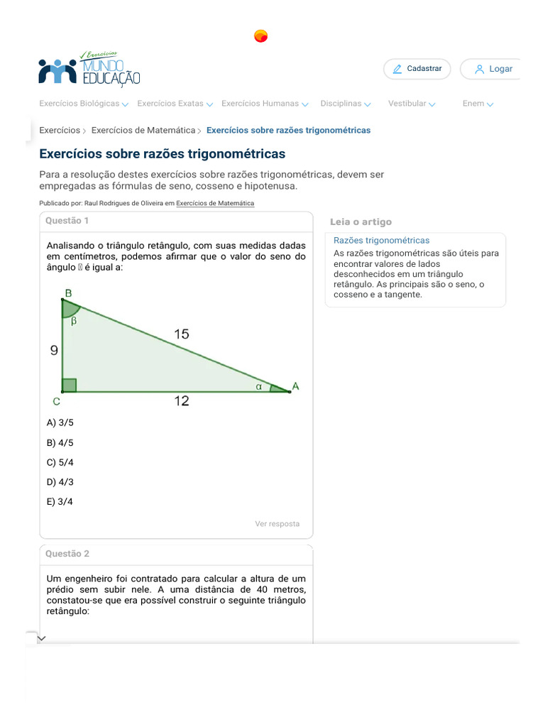 Lista de Exercícios Sobre Razões Trigonométricas - Mundo Educaçã | PDF ...