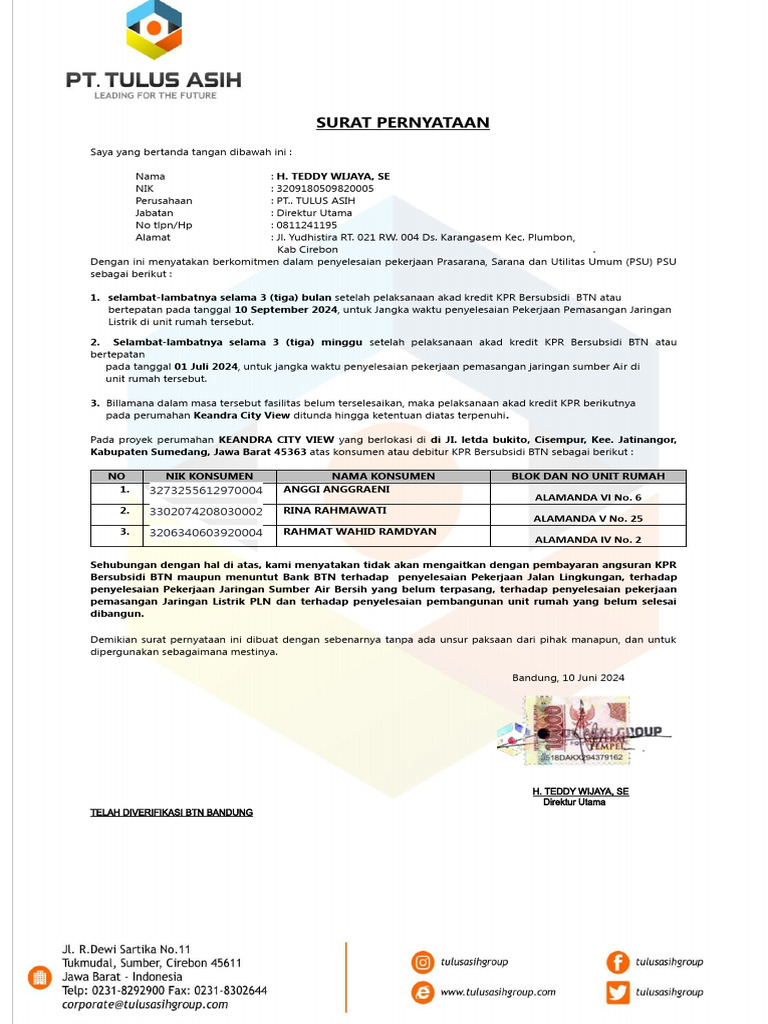 Surat Pernyataan Psu KCV BTN Jawa 10-06 | PDF