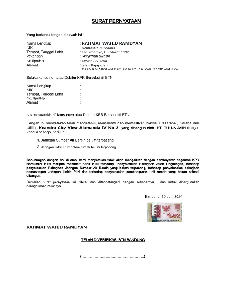 Surat Pernyataan Debitur KCV New Rahmat Wahid Ramdyan | PDF