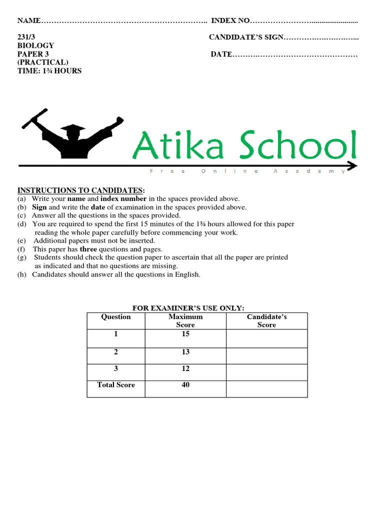 Kcse Biology Paper 3 Form 4 Revision Kit 2023 Model2492017 Question