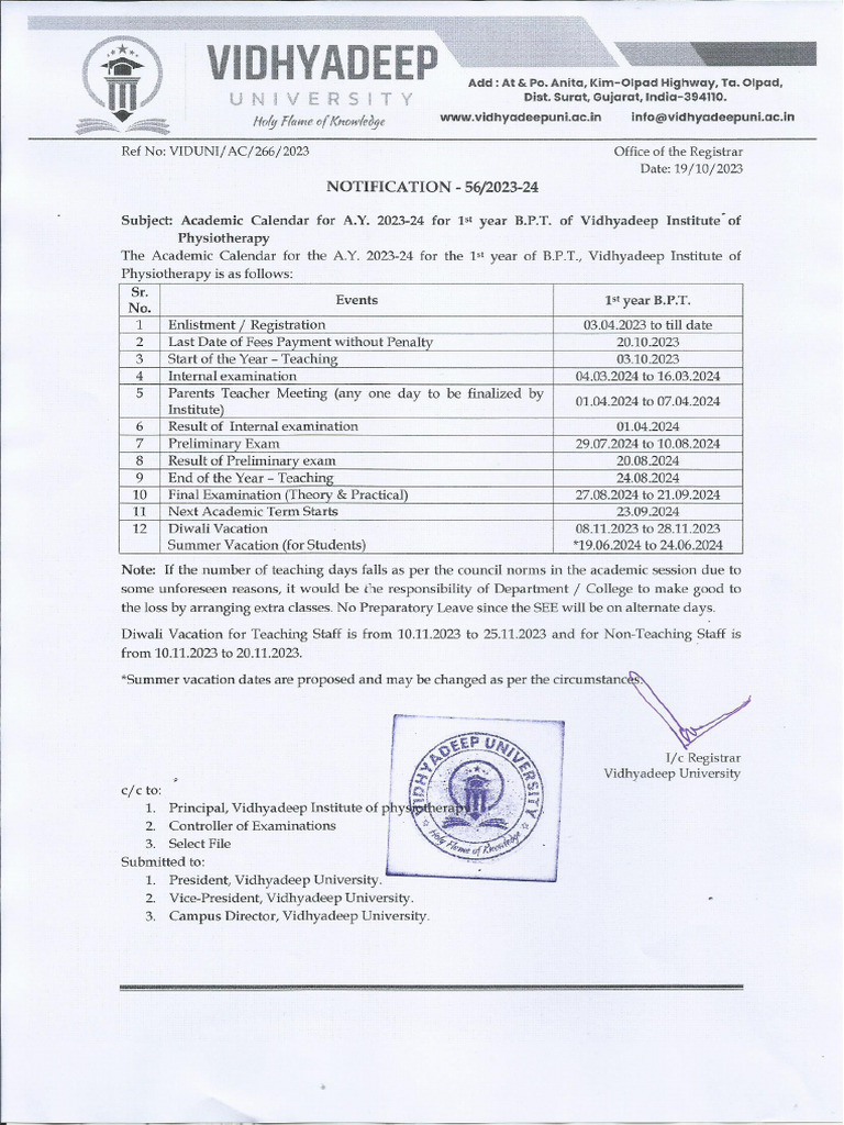 Notification 56 Academic Calendar BPT | PDF
