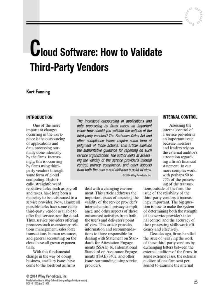 Fanning (2014) - Cloud Software: How To Validate Third Party Vendors. | PDF | Audit | Accounting