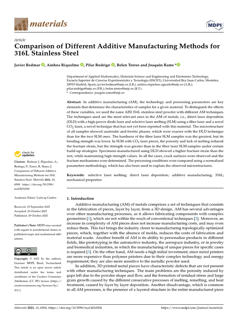 Comparison of Different Additive Manufacturing Methods For 316L ...