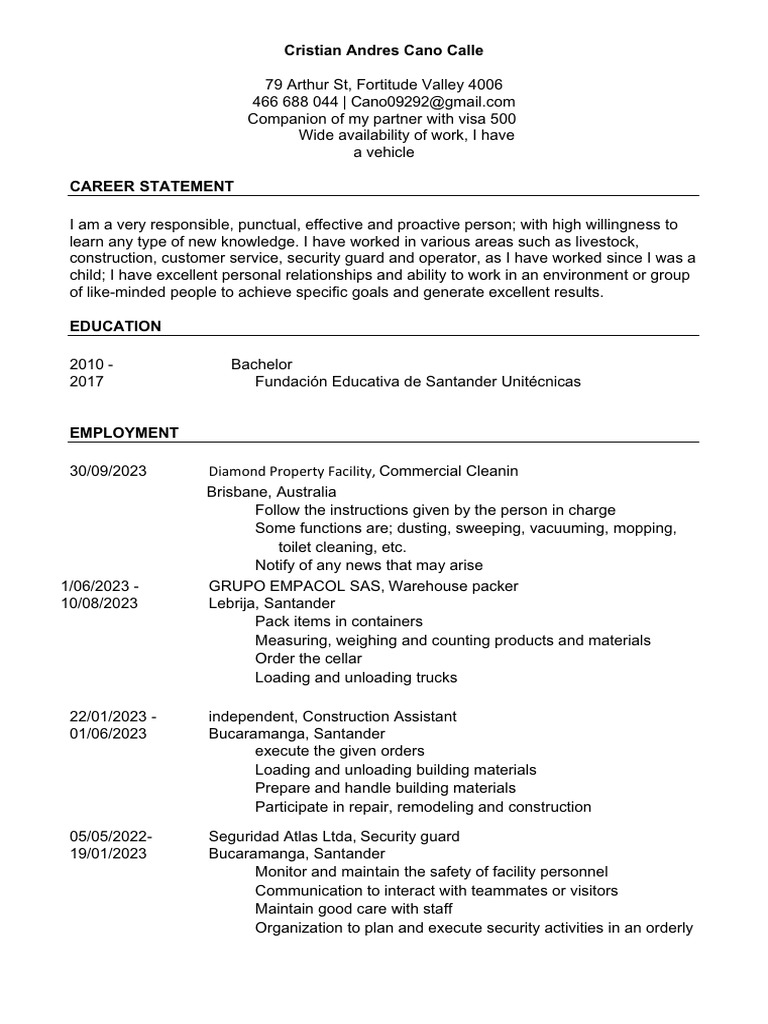 CV Construction Cristian Cano | PDF