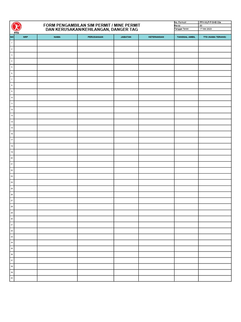 PPA-MLP-F-SHE-33a Form Pengambilan Mine Permit, Simper Dan Danger Tag ...