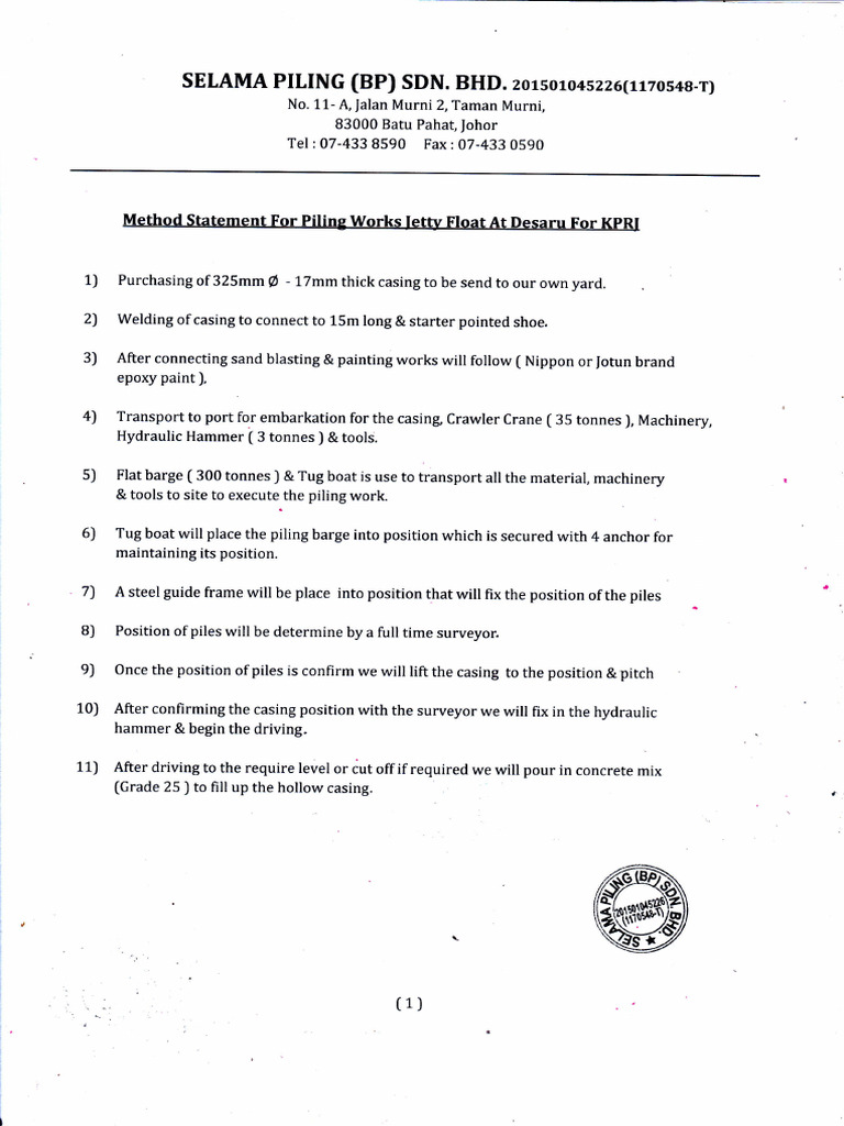 Method Statement for Piling Works At Desaru | PDF