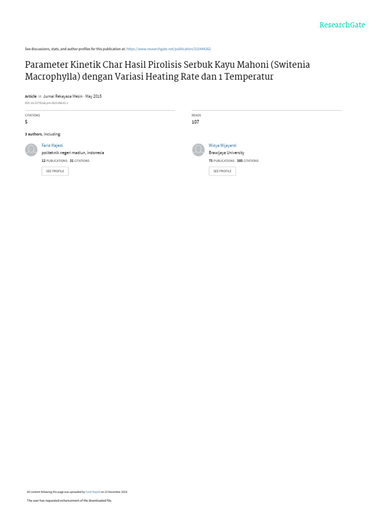 Parameter Kinetik Char Hasil Pirolisis Serbuk Kayu | PDF