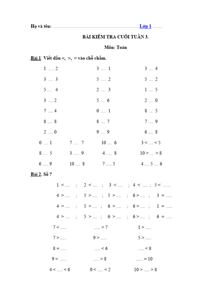 Phieu Bai Tap Cuoi Tuan Lop 1 Tuan 3 | PDF