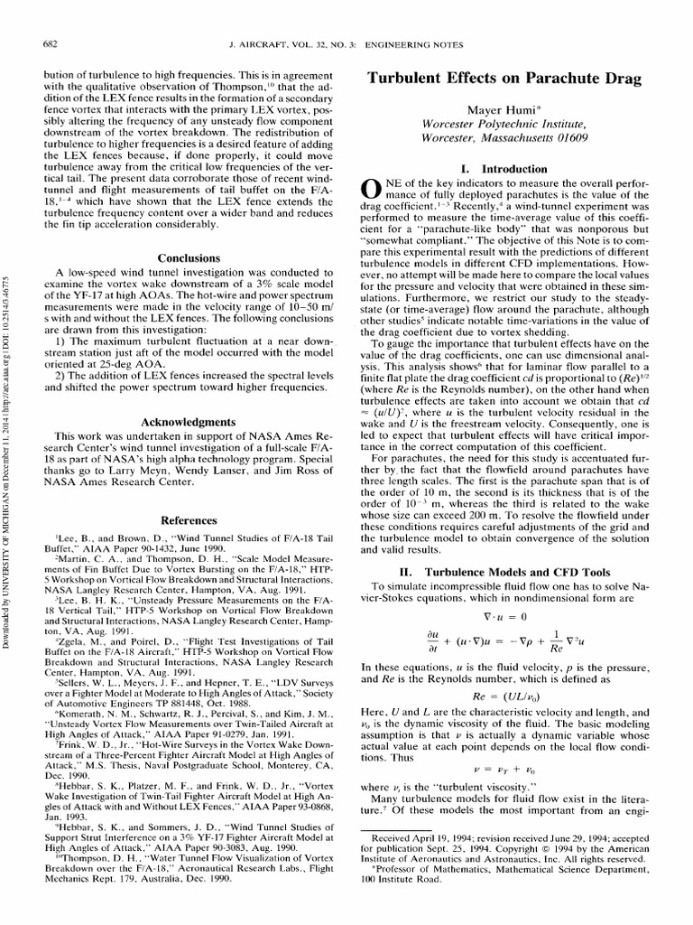 Turbulent Effects On Parachute Drag Pdf Computational Fluid Dynamics Drag Physics